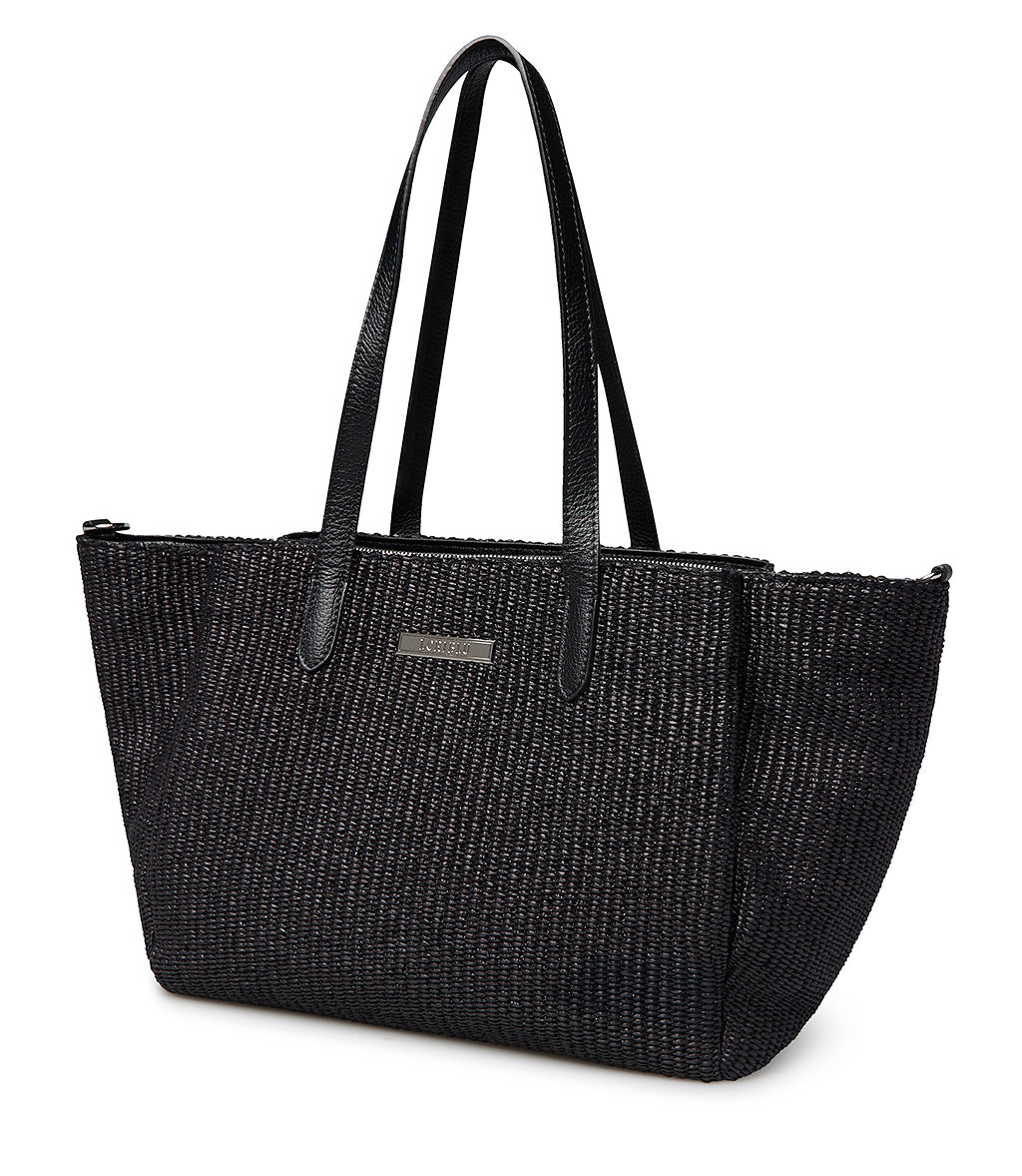 Black raffia and leather shopper bag | Loriblu